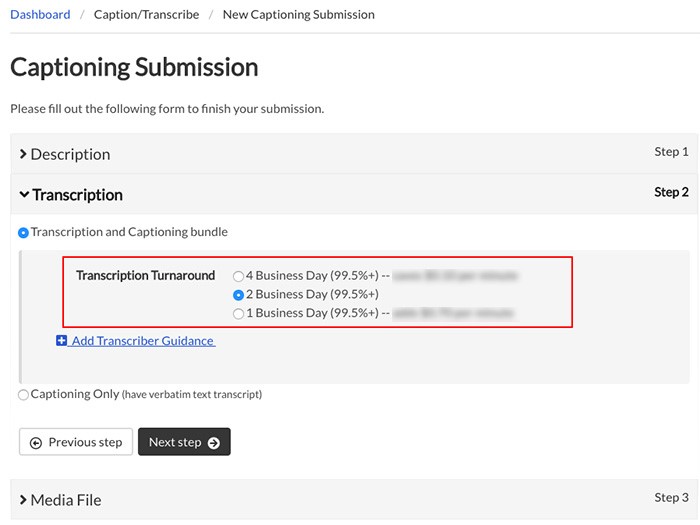 (AST) How do I select the Transcription turnaround time?