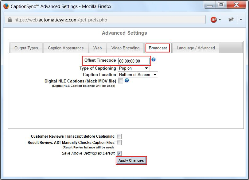 (AST) Caption Offset Timecode