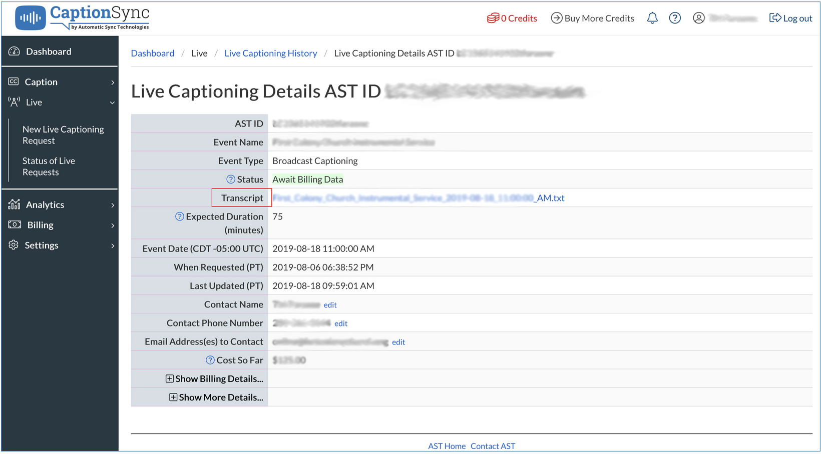 (AST) Getting a Text Transcript of my Live Captioning Event