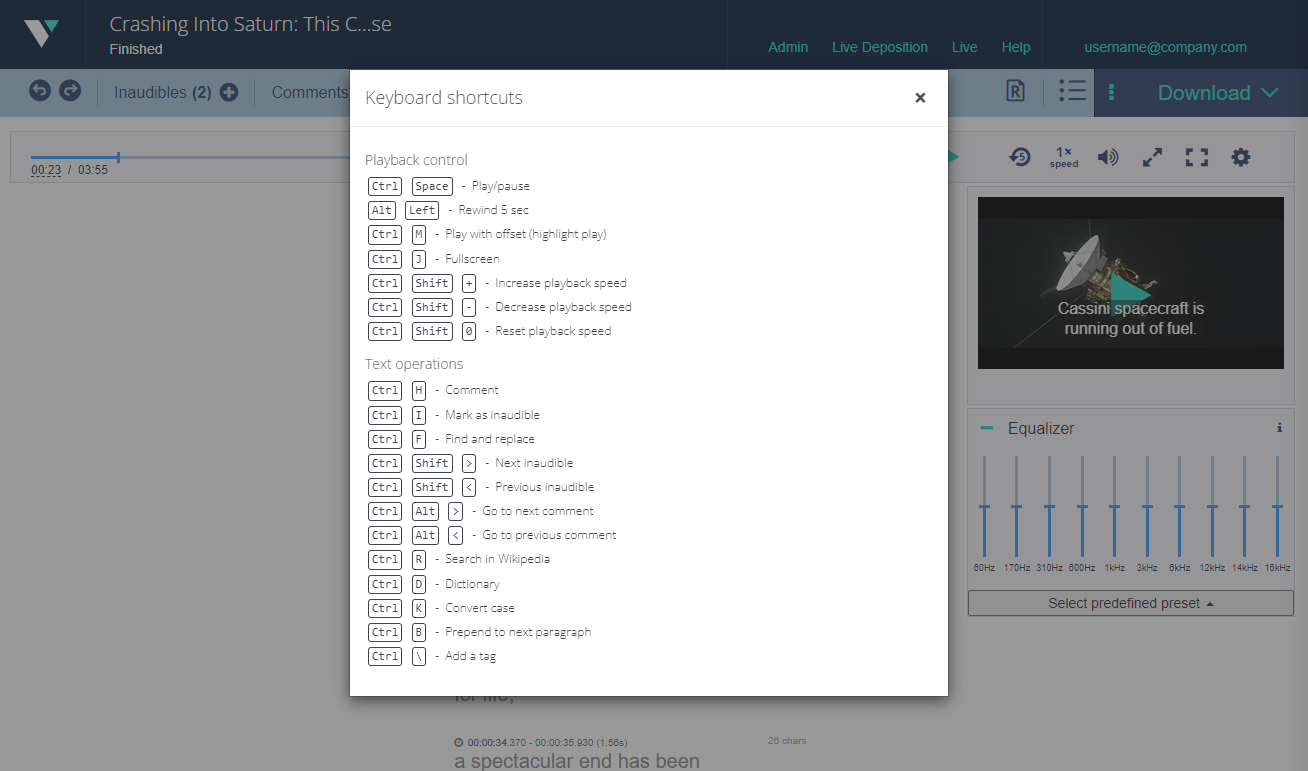 (Verbit) The Keyboard Shortcuts List